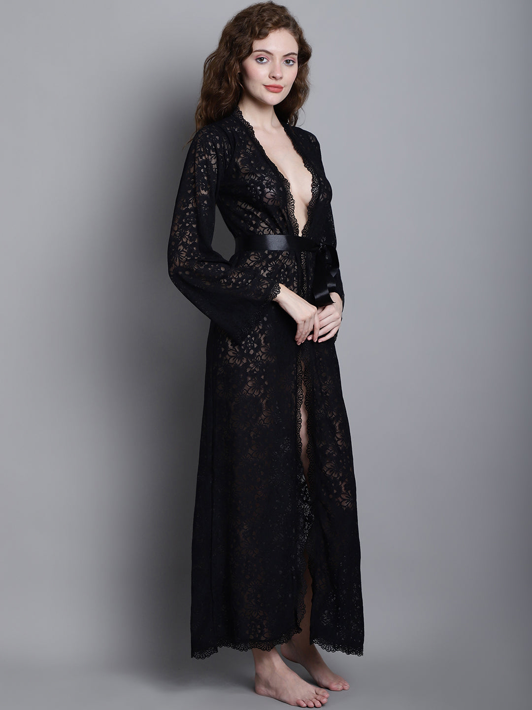 Fully Intricate Lacy Robe - Black