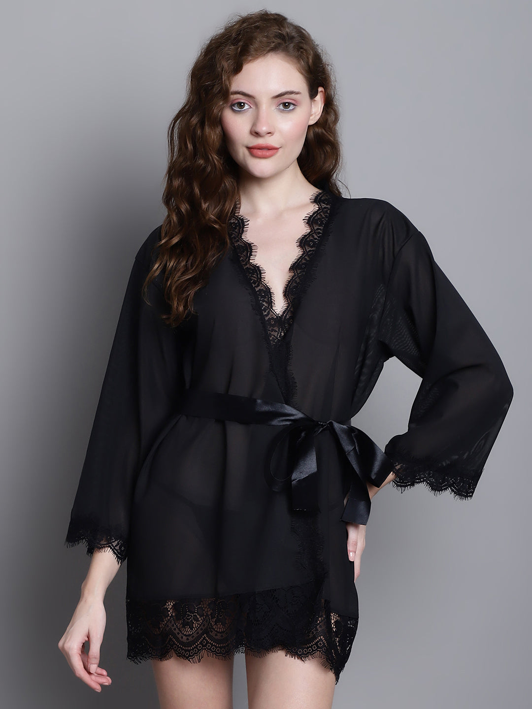 Overall Net With Deliciated Lace Robe | Black Babydoll Dresses